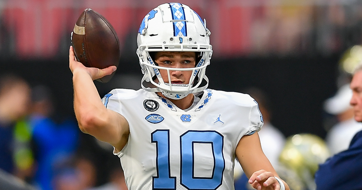 Drake Maye reacts to his record 5-touchdown day surpassing his father's ...