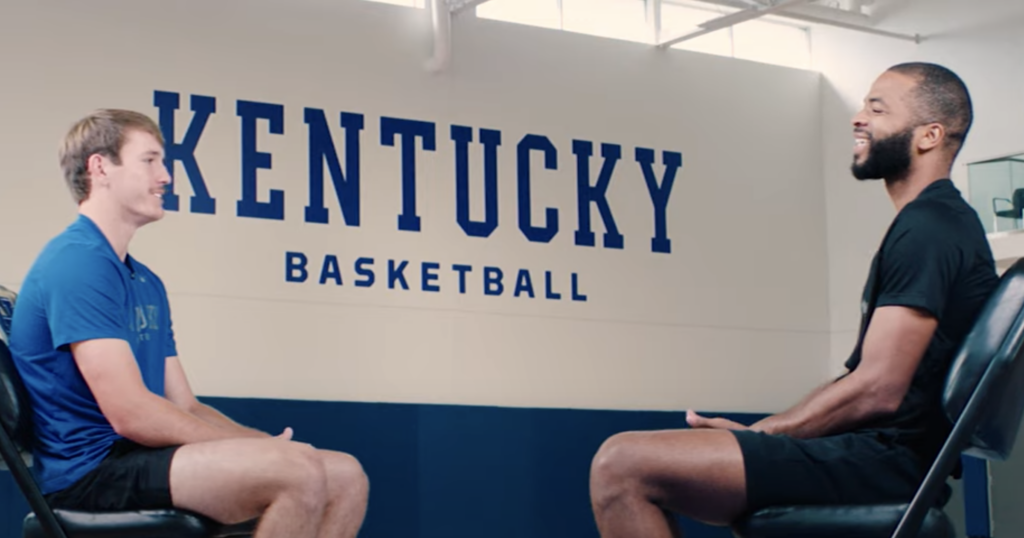 Aaron Harrison and Travis Perry interview each other at the Joe Craft Center - On3
