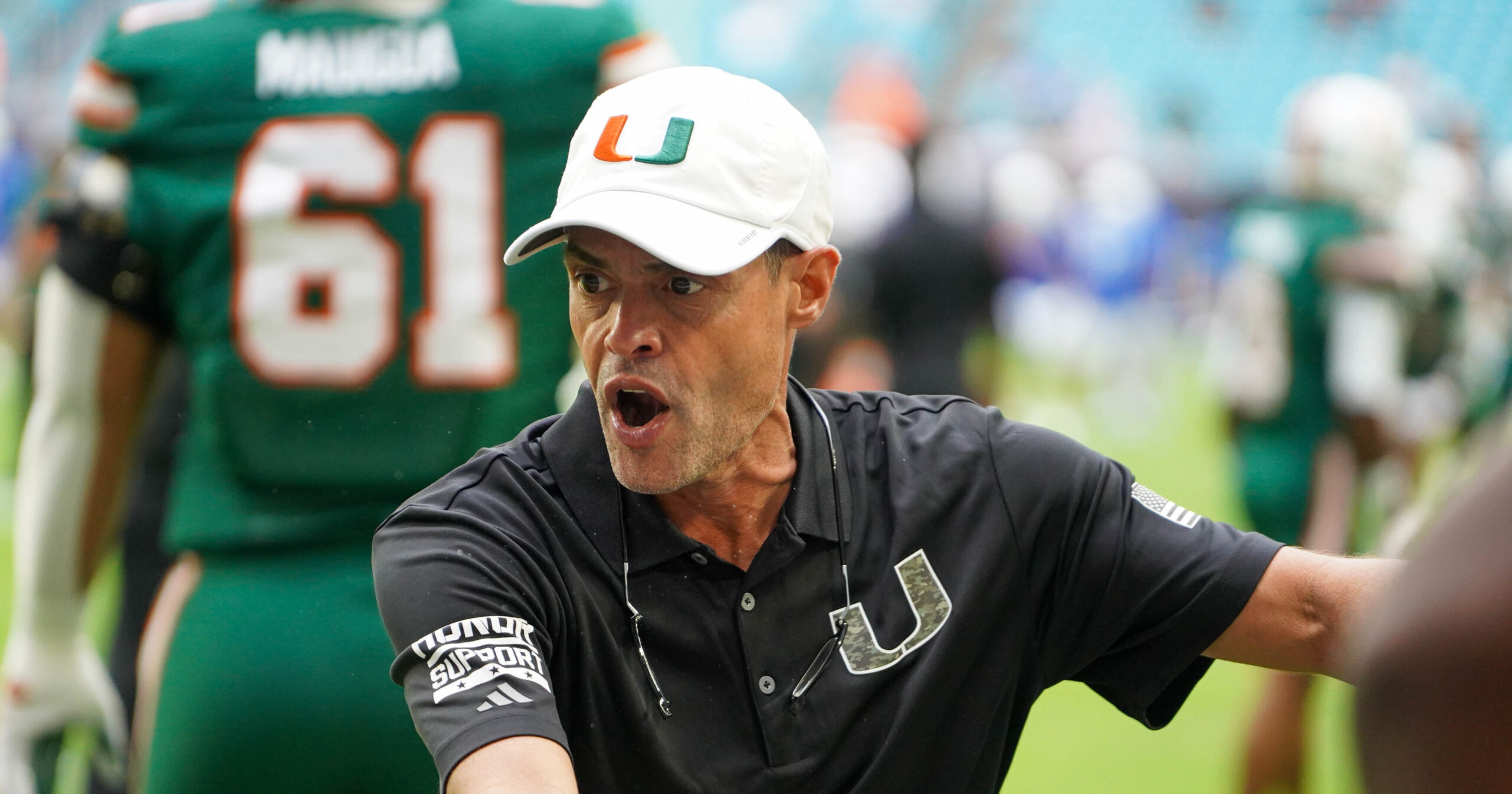 Miami Hurricanes OL coach Alex Mirabal talks after spring practice