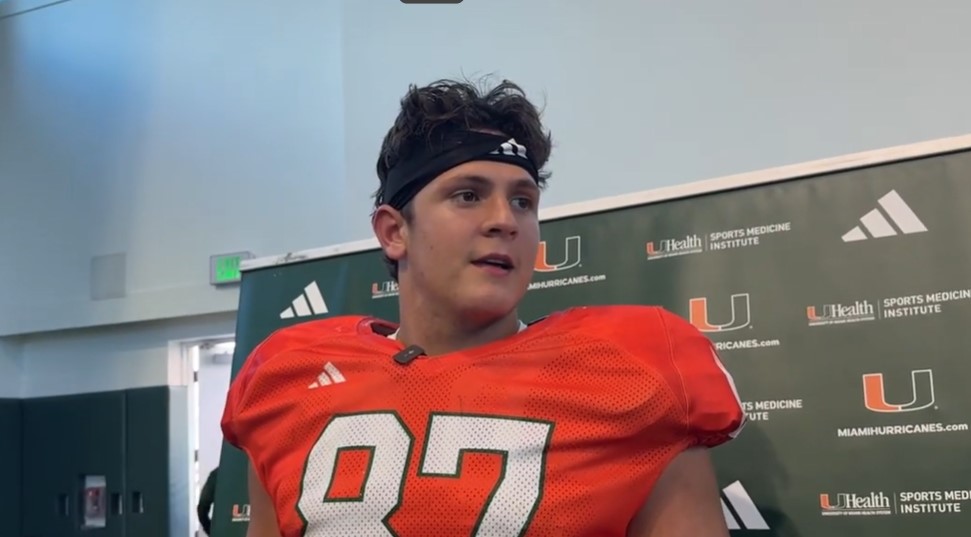 Miami Hurricanes TE Alex Bauman talks after spring practice