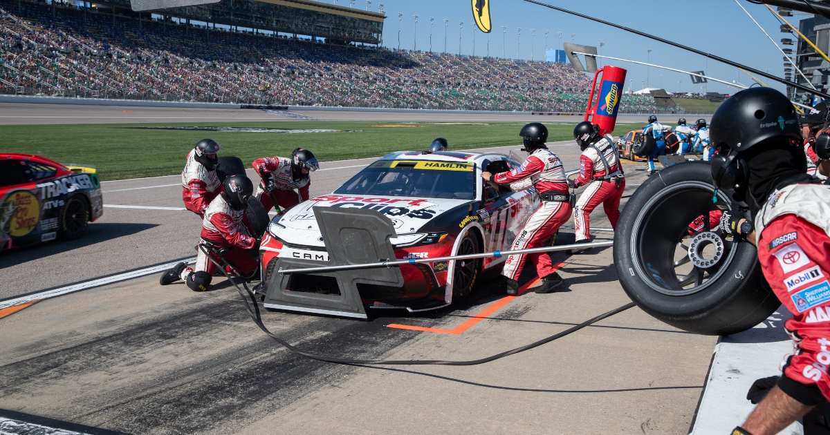 Denny Hamlin loses lead at Kansas after disaster pit stop, Ryan Blaney, Ty Gibbs penalized for ...